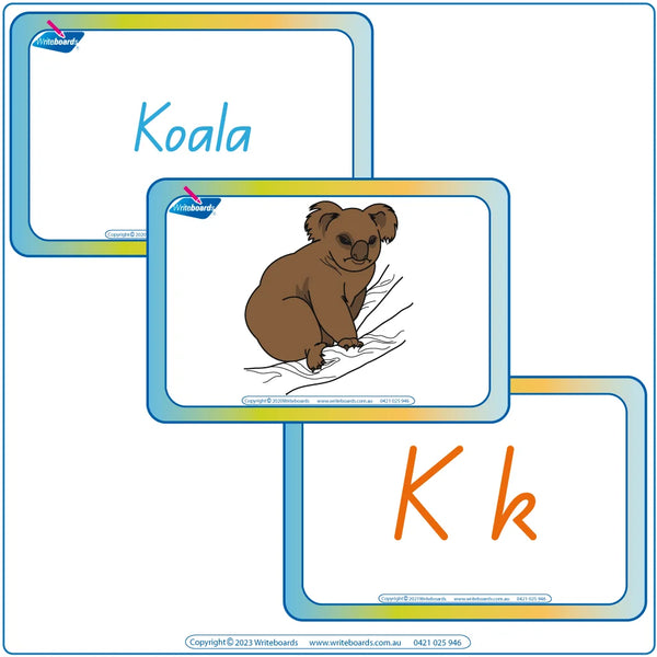 Aussie Animal Alphabet Flashcards - QLD Beginner Font - Writeboards