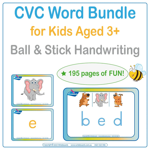 CVC Flashcards and Games Bundle | Ball & Stick Handwriting - Writeboards
