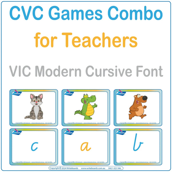 CVC Fun Games Combo for Teachers | VIC Modern Cursive Font - Writeboards