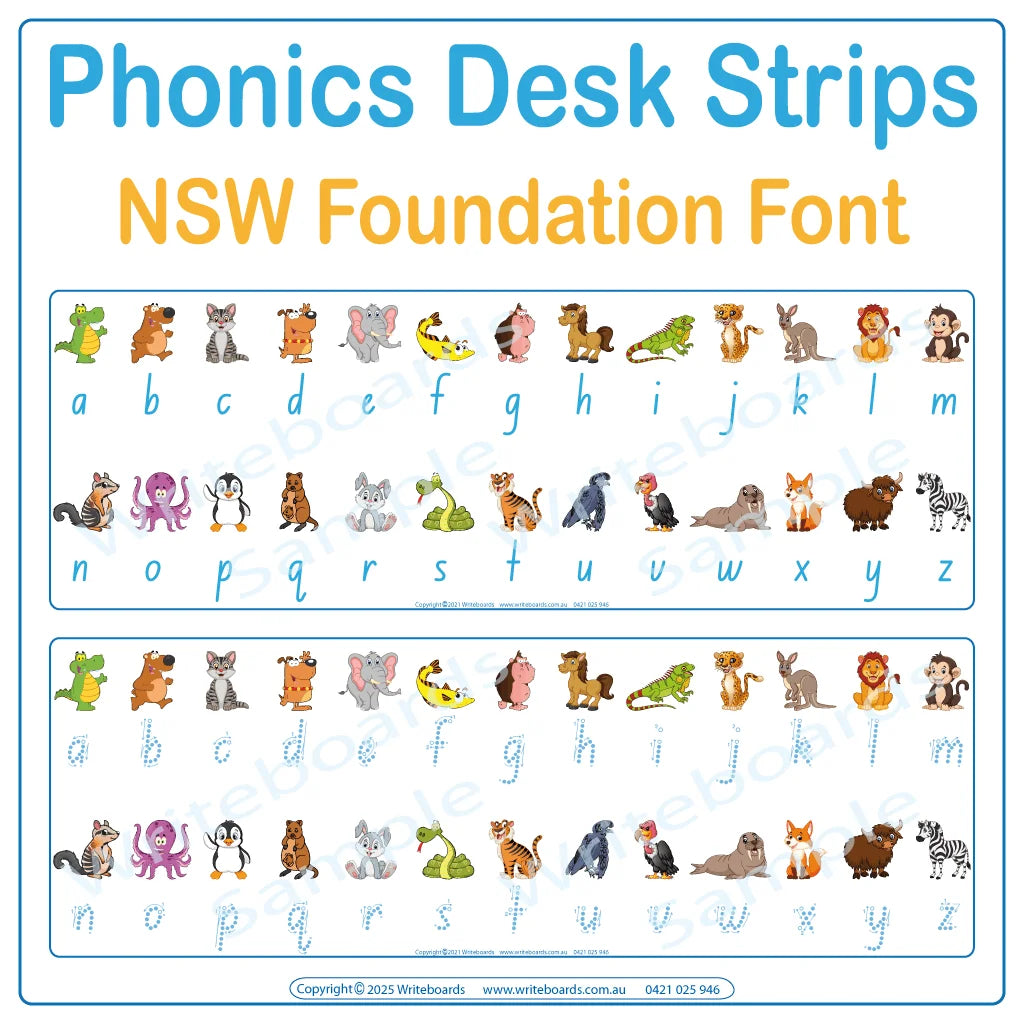 Animal Phonics Desk Strips for Teachers | NSW Foundation Font - Writeboards