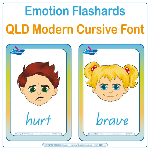 QLD Modern Cursive Font Emotion Flashcards for Kindergarten - Writeboards