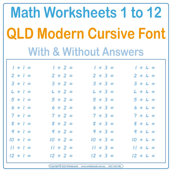 QLD Modern Cursive Font Math Worksheets - Writeboards