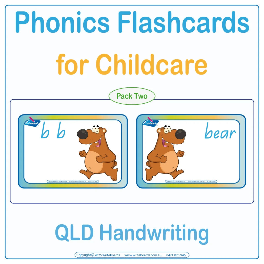 QLD Modern Cursive phonics flashcard for childcare showing a single ...