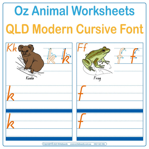 QLD Modern Cursive Font Australian Animal Worksheets - Writeboards