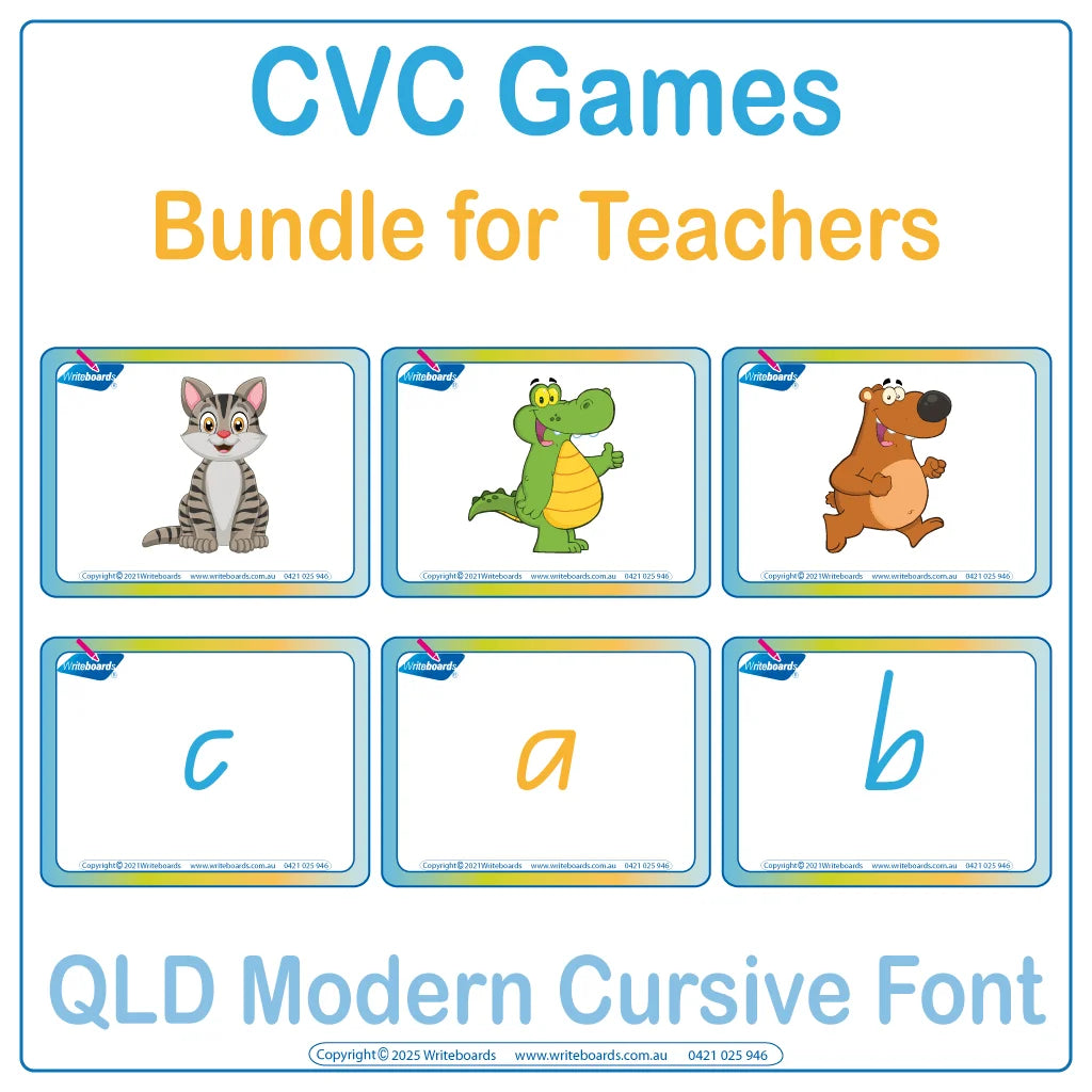 QLD Modern Cursive CVC Flashcards phonics games for letter sound learning