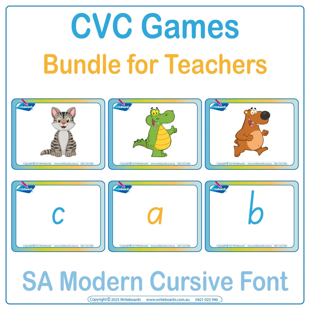 SA Modern Cursive CVC Flashcards phonics games for letter sound learning