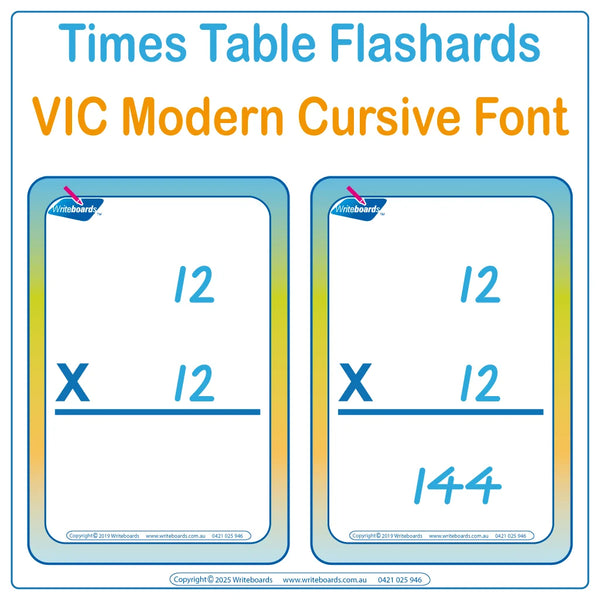 Times Tables Flashcards - VIC Modern Cursive Font - Writeboards