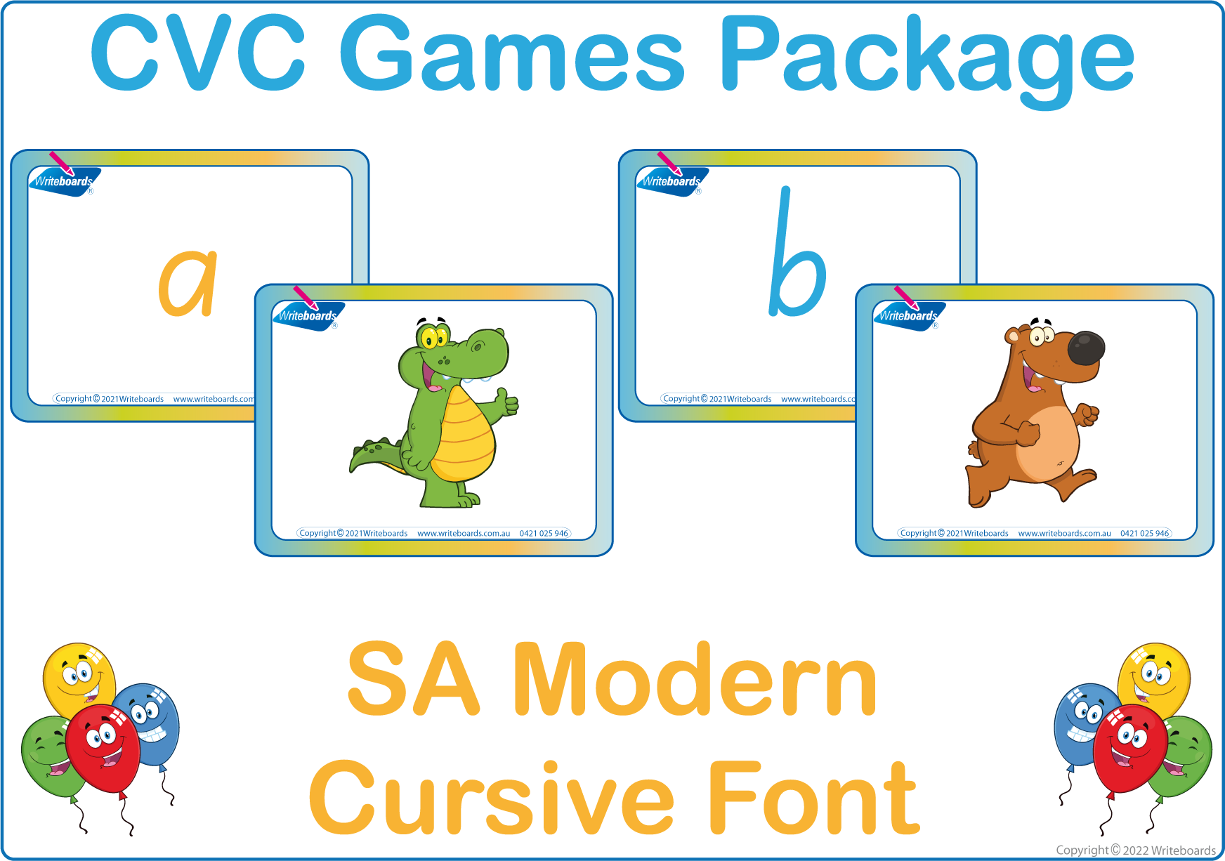 SA Modern Cursive Font Animal Phonic Flashcard Package - Writeboards